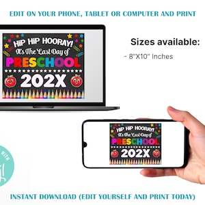Editable Hip Hip Hooray Last Day of Preschool Sign, End of School Year ...