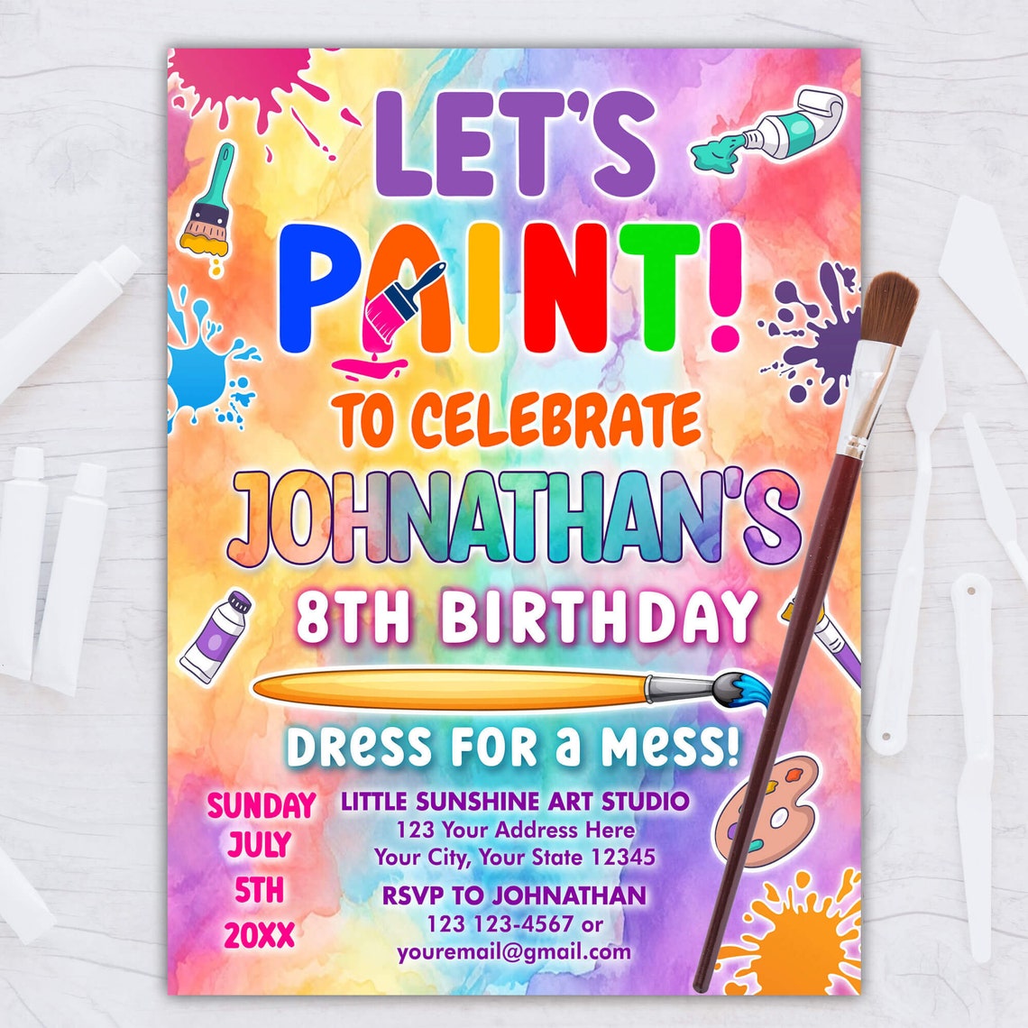 Editable Art Birthday Party, Paint Party Invitation Template, Rainbow ...