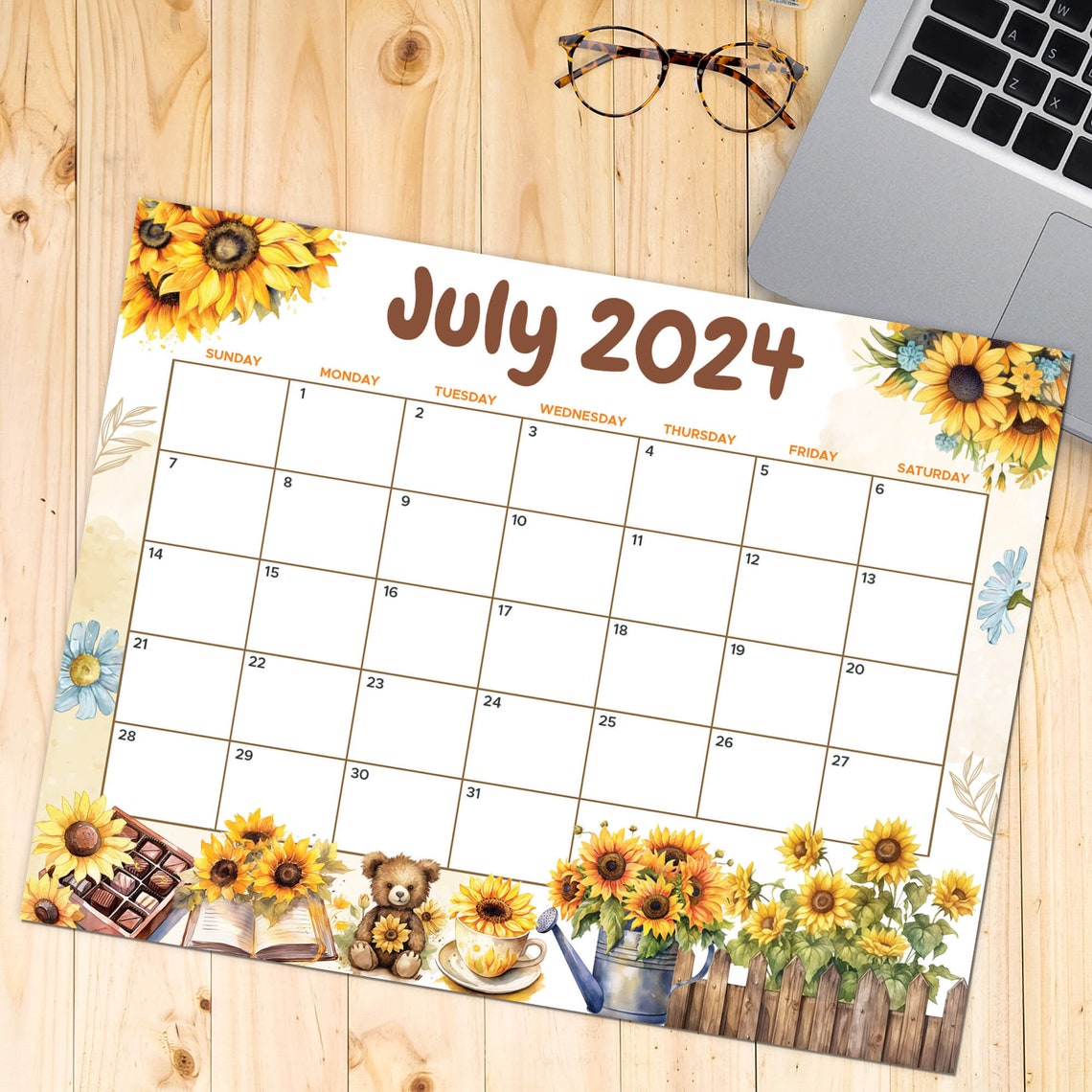 Printable Sunflower July 2024 Calendar, Cute Summer Sunflower Month of ...