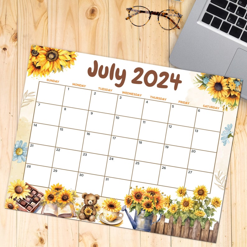 Printable Sunflower July 2024 Calendar, Cute Summer Sunflower Month of ...
