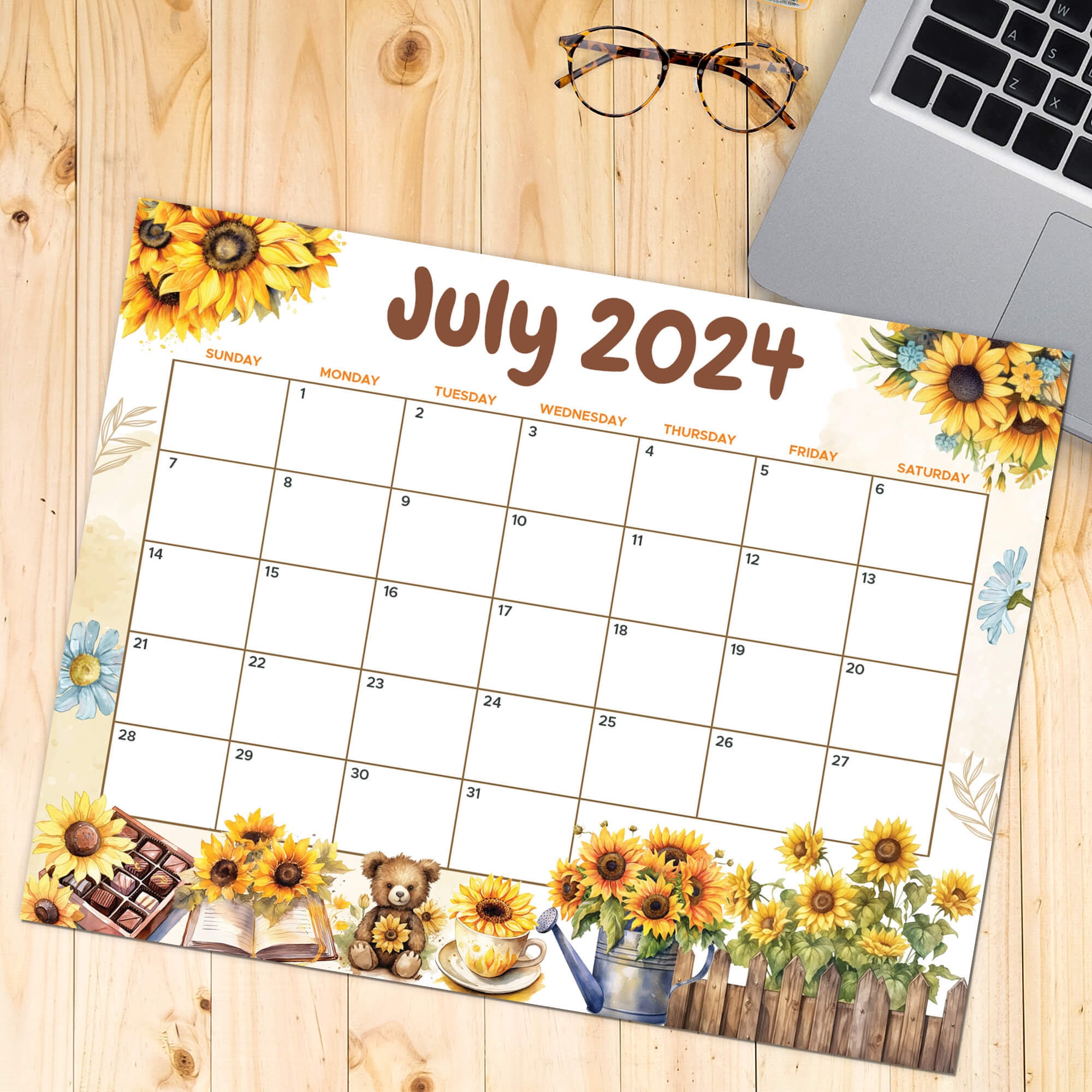 Printable Sunflower July 2024 Calendar, Cute Summer Sunflower Month of ...