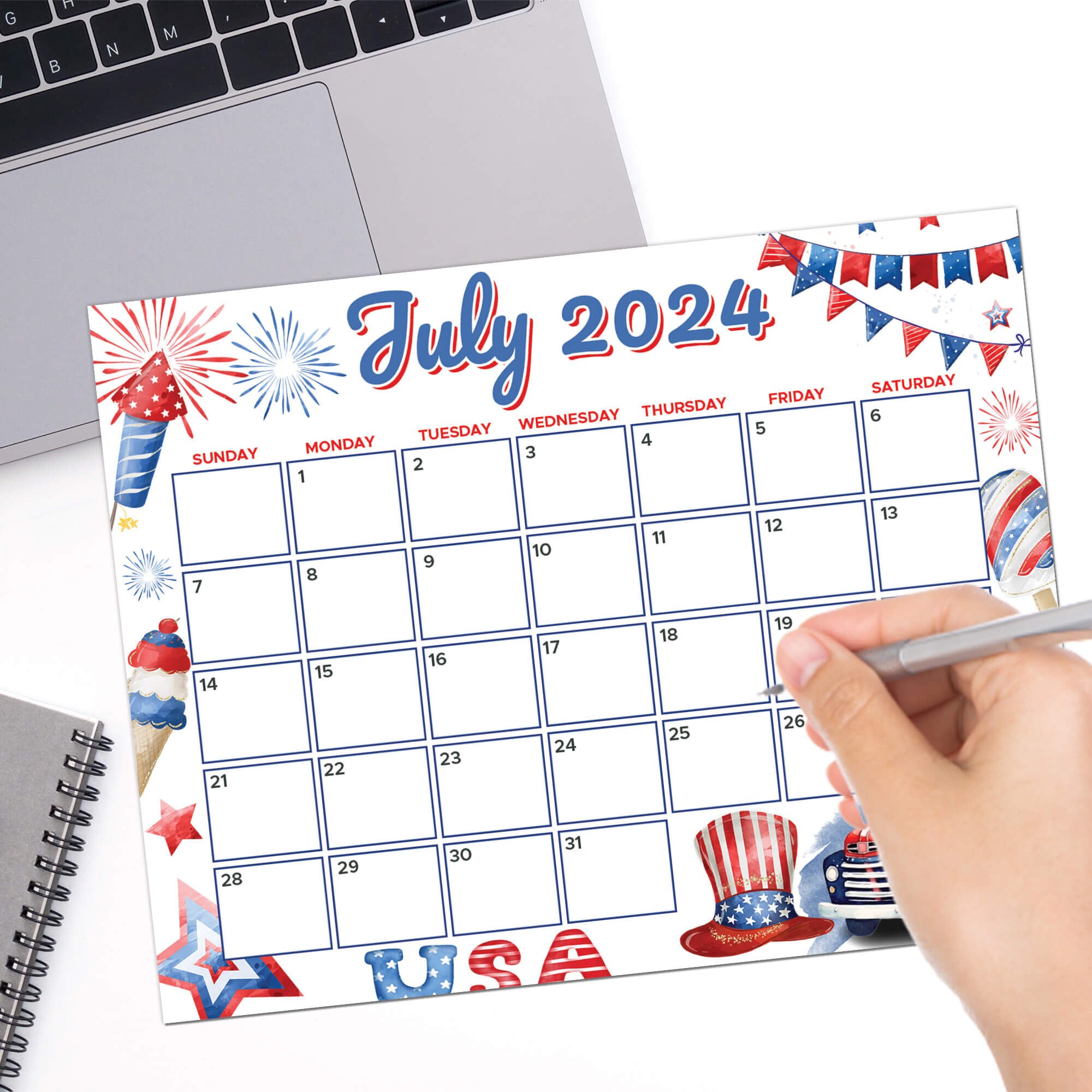 4th of July Day Calendar Planner, Printable July 2024 Calendar ...