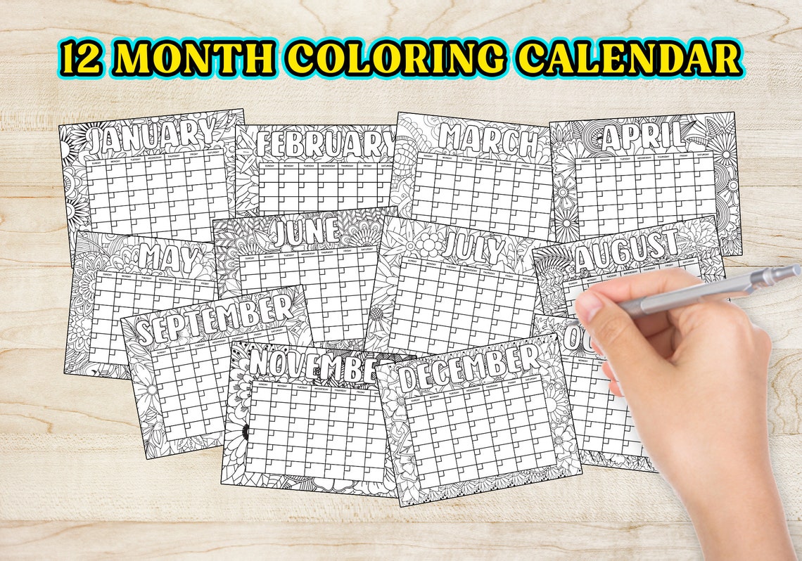 12 Month Adult Coloring Calendar Floral Pattern, Printable Adult ...