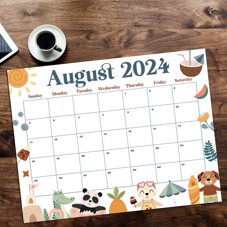 August 2024 Animal Summer Calendar, Printable Animal Themed August ...