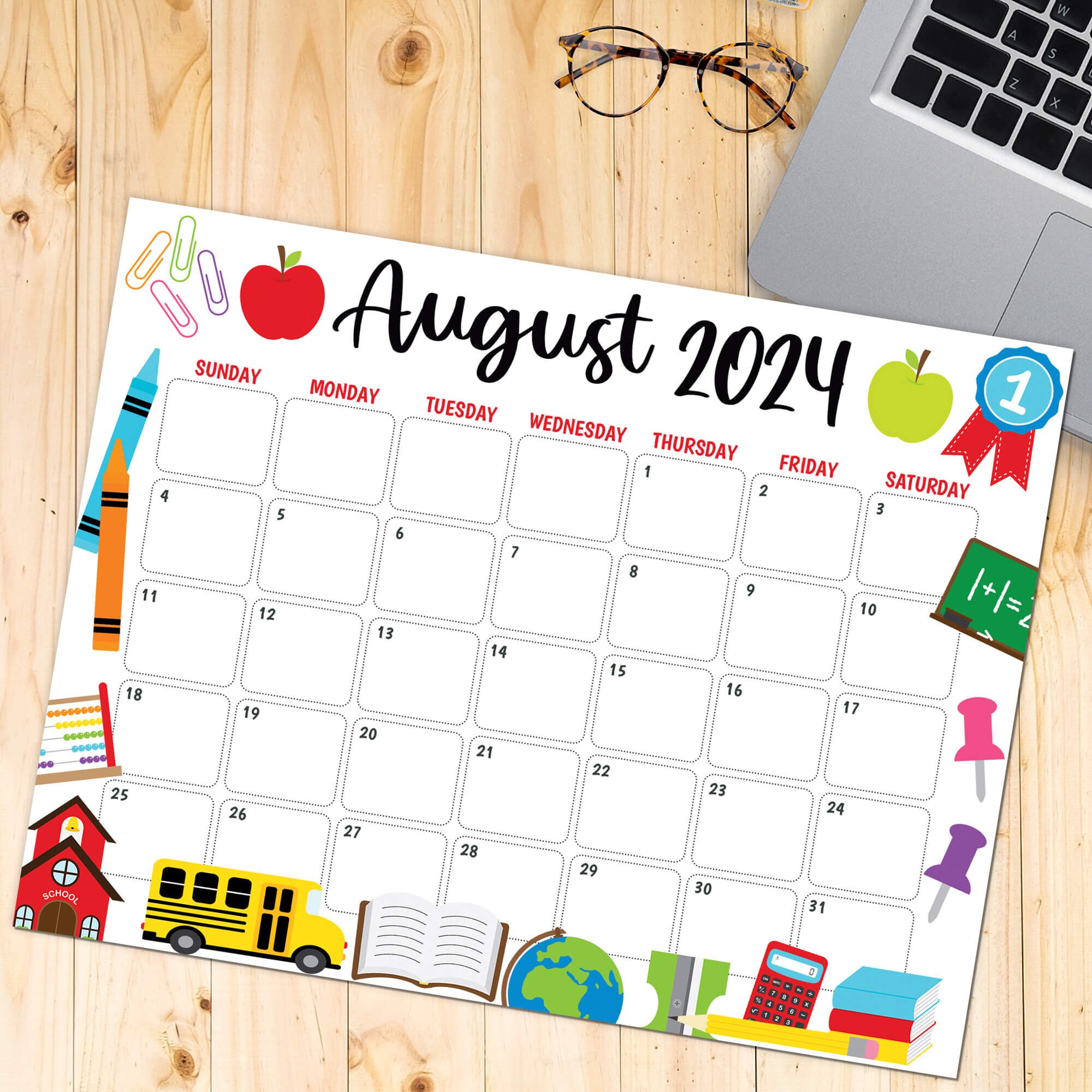 August 2024 Back to School Calendar, Printable Back to School Themed ...