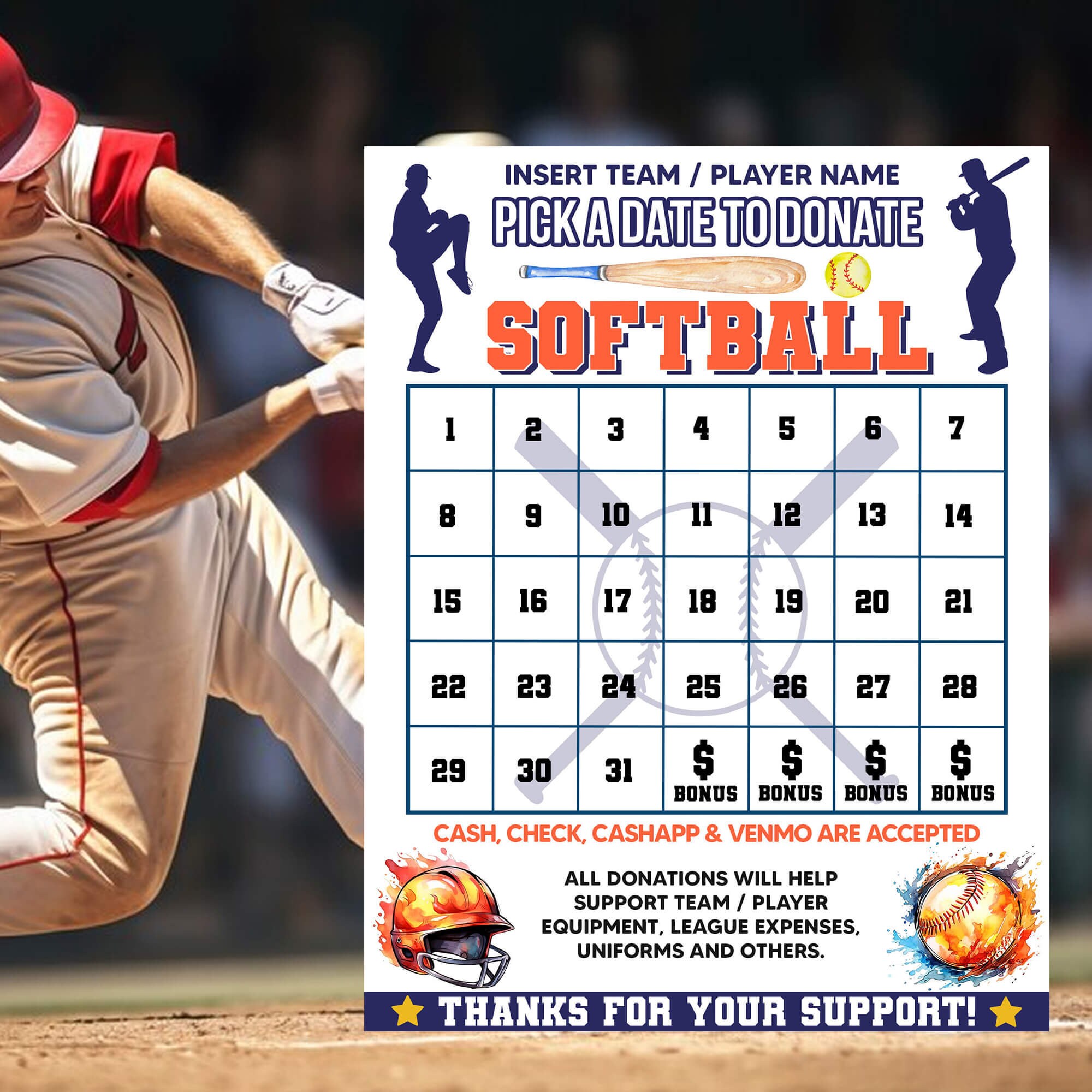 Editable Softball Pick a Date to Donate Calendar Flyer, Pay the Date ...