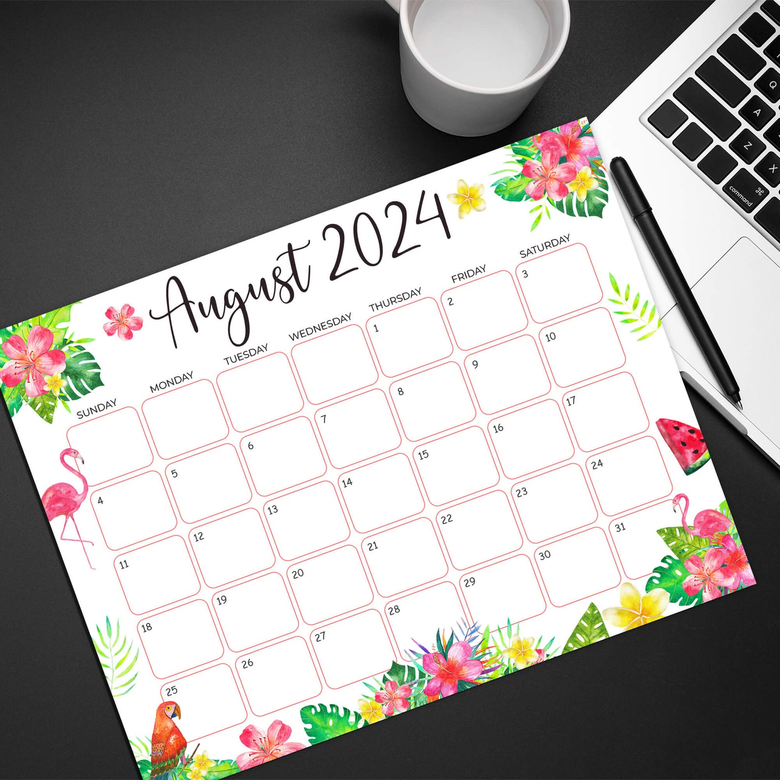 PDF August 2024 Tropical Themed Calendar, Printable Tropical Escape ...