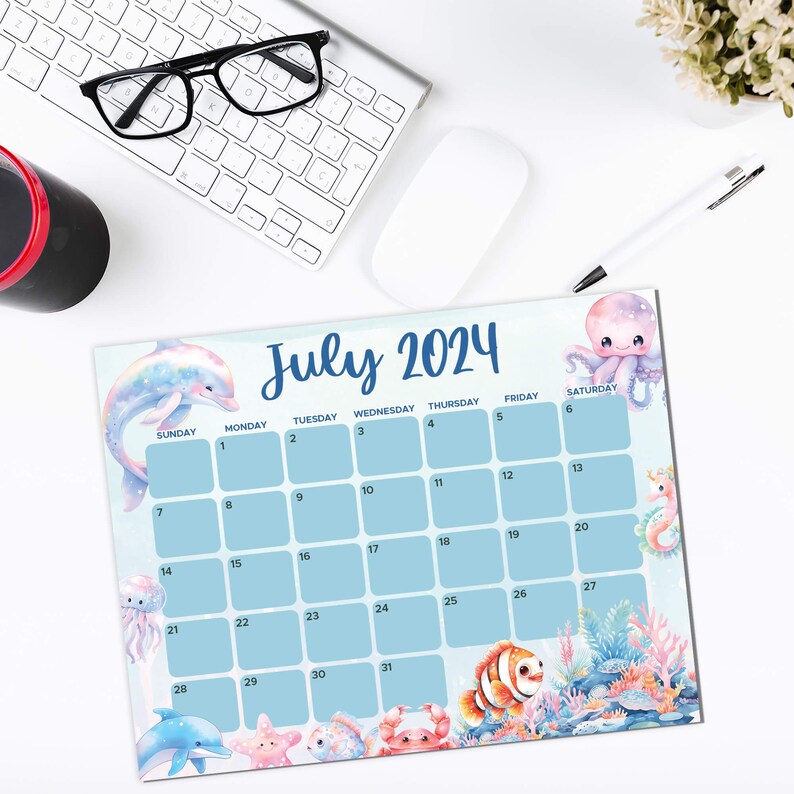 July 2024 Under the Sea Summer Calendar, Printable Cute Underwater ...
