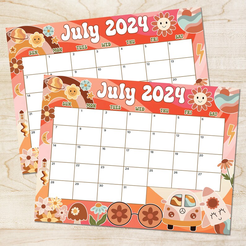 Printable Retro Vibe July 2024 Calendar, Colorful Classic Nostalgic ...