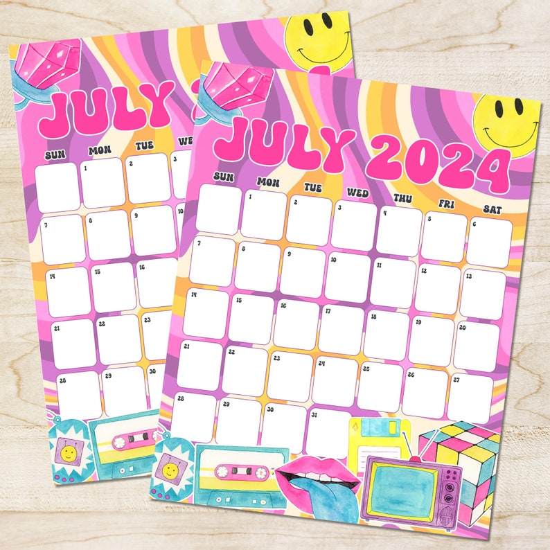 Printable Retro Theme Colorful July 2024 Calendar, Printable Retro Vibe ...