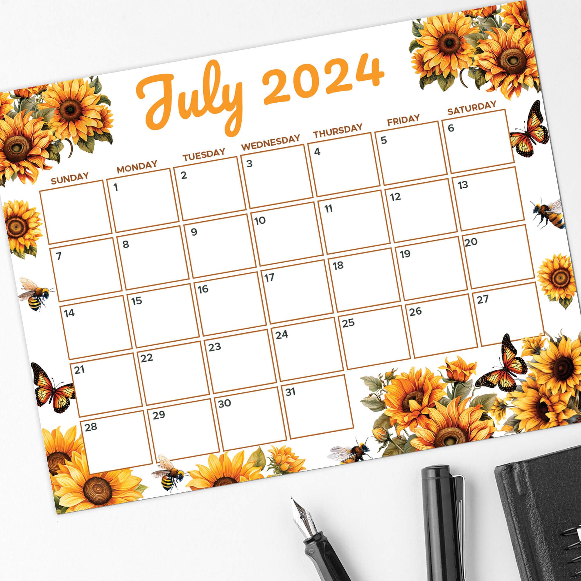 July 2024 Sunflower Calendar, Printable Cute Floral Sunflower Themed ...