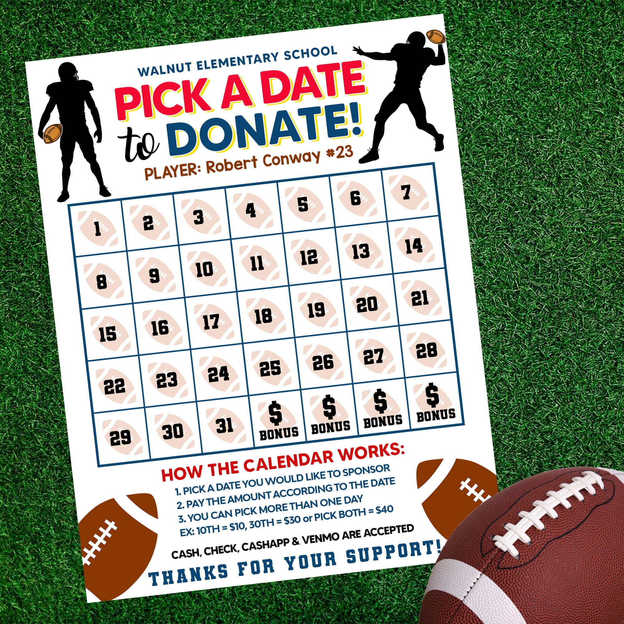 Editable Football Fundraiser Pick A Date to Donate Calendar, Rugby ...