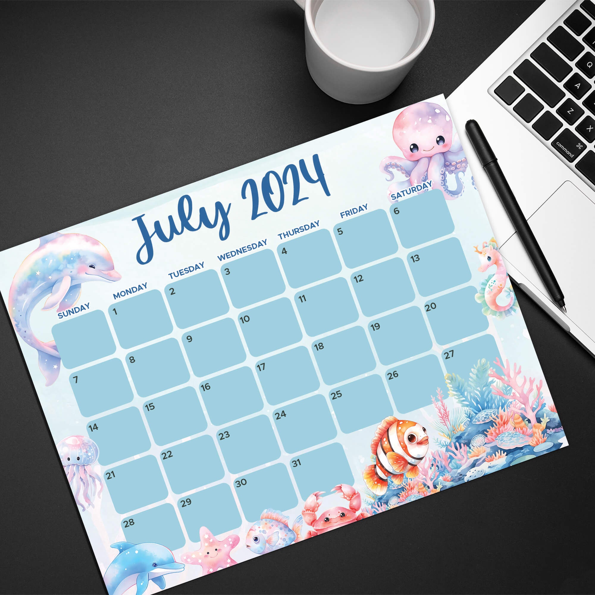 July 2024 Under the Sea Summer Calendar, Printable Cute Underwater ...