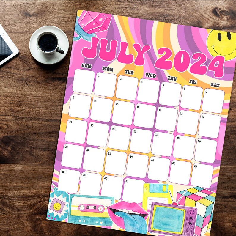 Printable Retro Theme Colorful July 2024 Calendar, Printable Retro Vibe ...