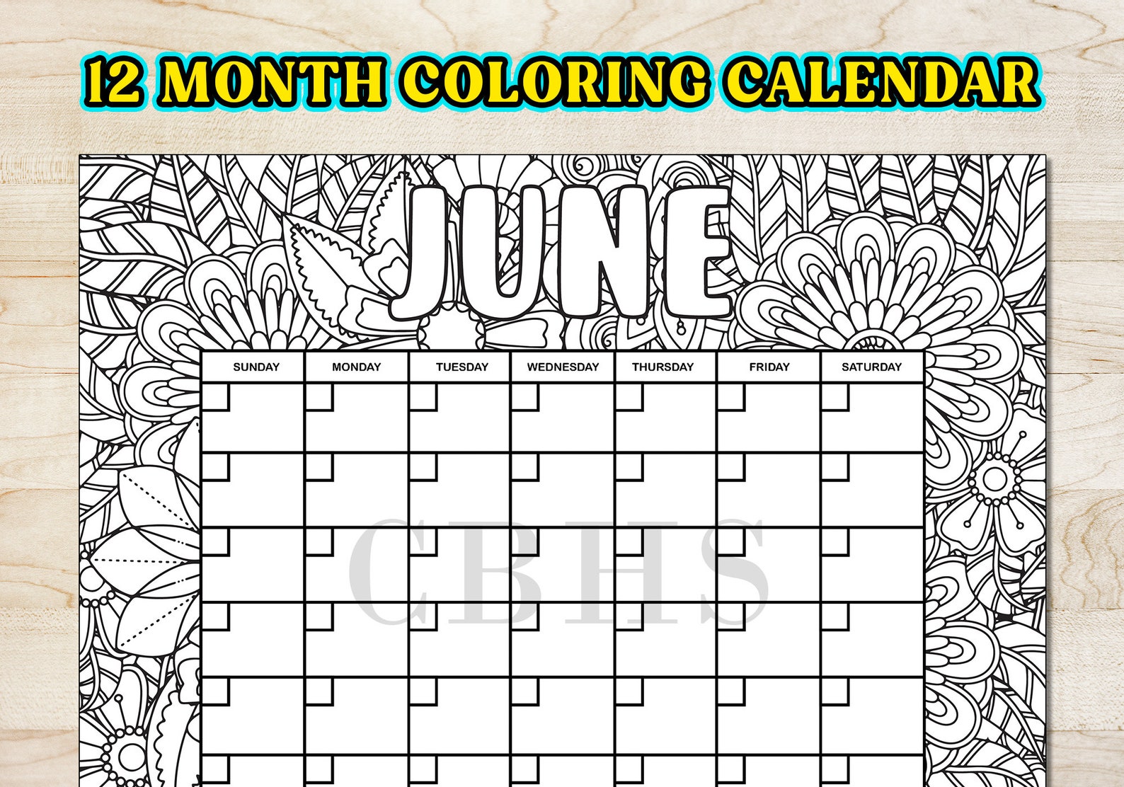 12 Month Adult Coloring Calendar Floral Pattern, Printable Adult ...