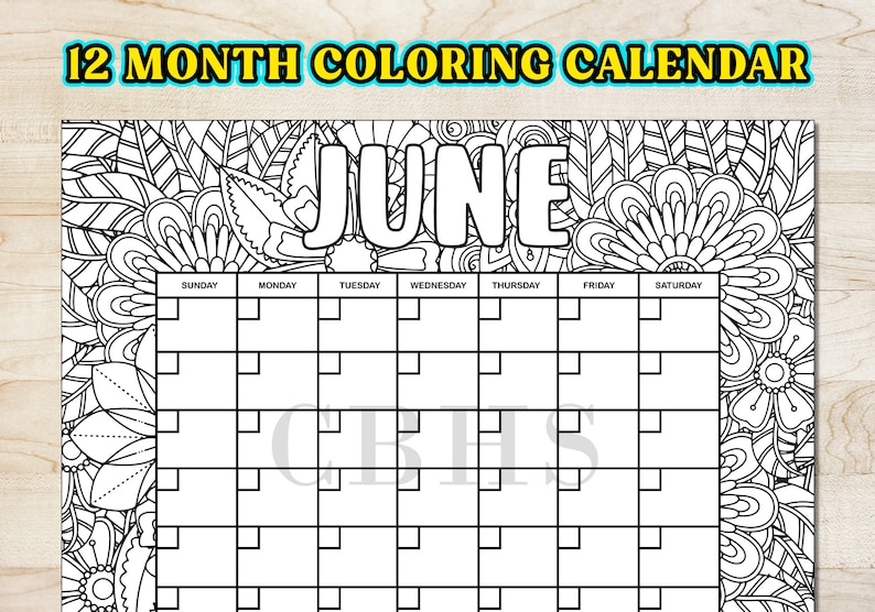 12 Month Adult Coloring Calendar Floral Pattern, Printable Adult ...