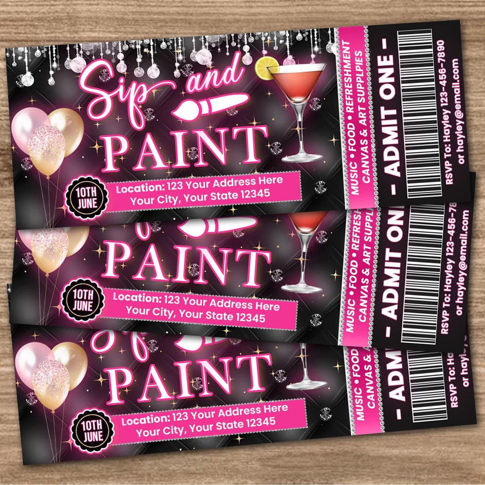 Paint and Sip Ticket | Editable Paint Party Themed Event Ticket | Sip ...