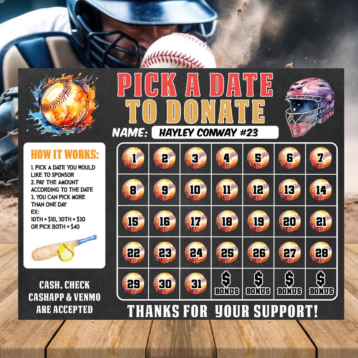Editable Softball Fundraising Calendar, Softball, Pick a Date to Donate ...