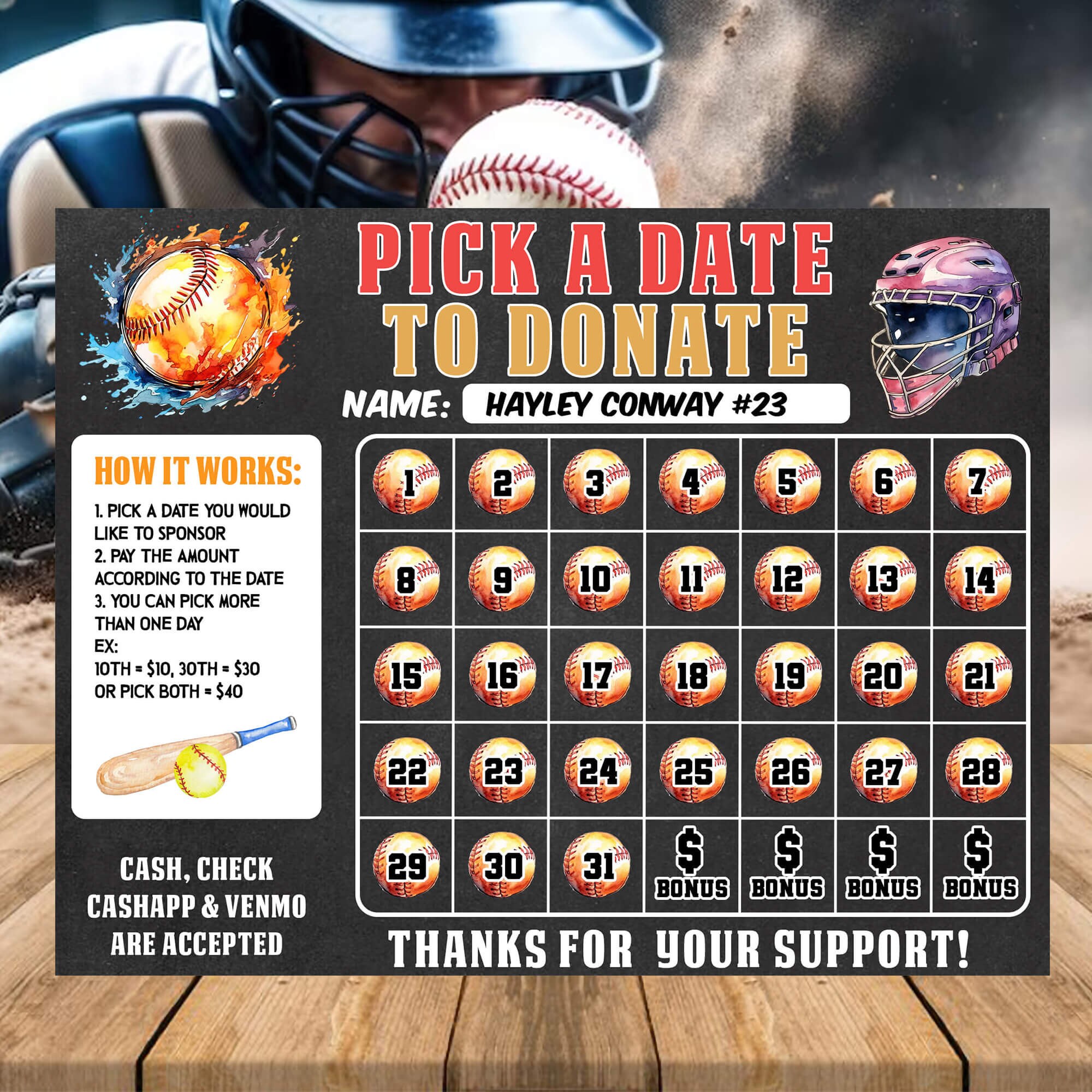 Editable Softball Fundraising Calendar, Softball, Pick a Date to Donate ...