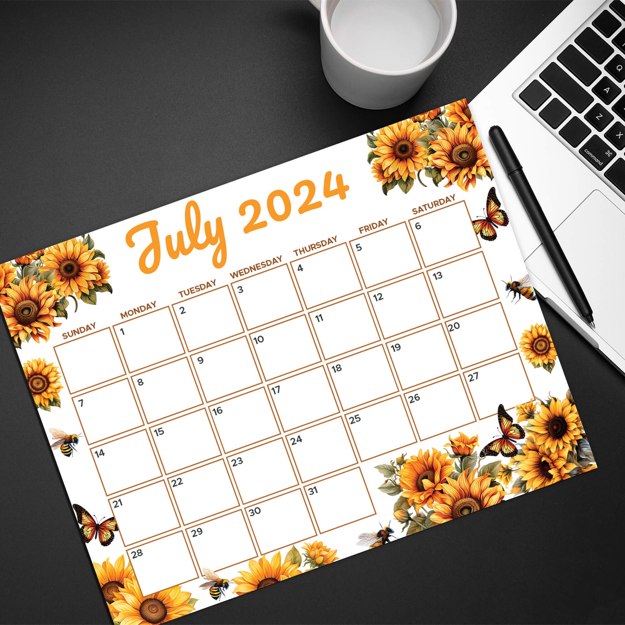 July 2024 Sunflower Calendar, Printable Cute Floral Sunflower Themed ...