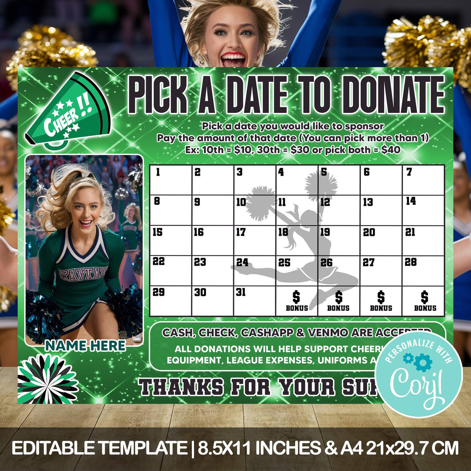 Cheerleading Squad Fundraiser Donation Calendar, Editable Pick a Date ...