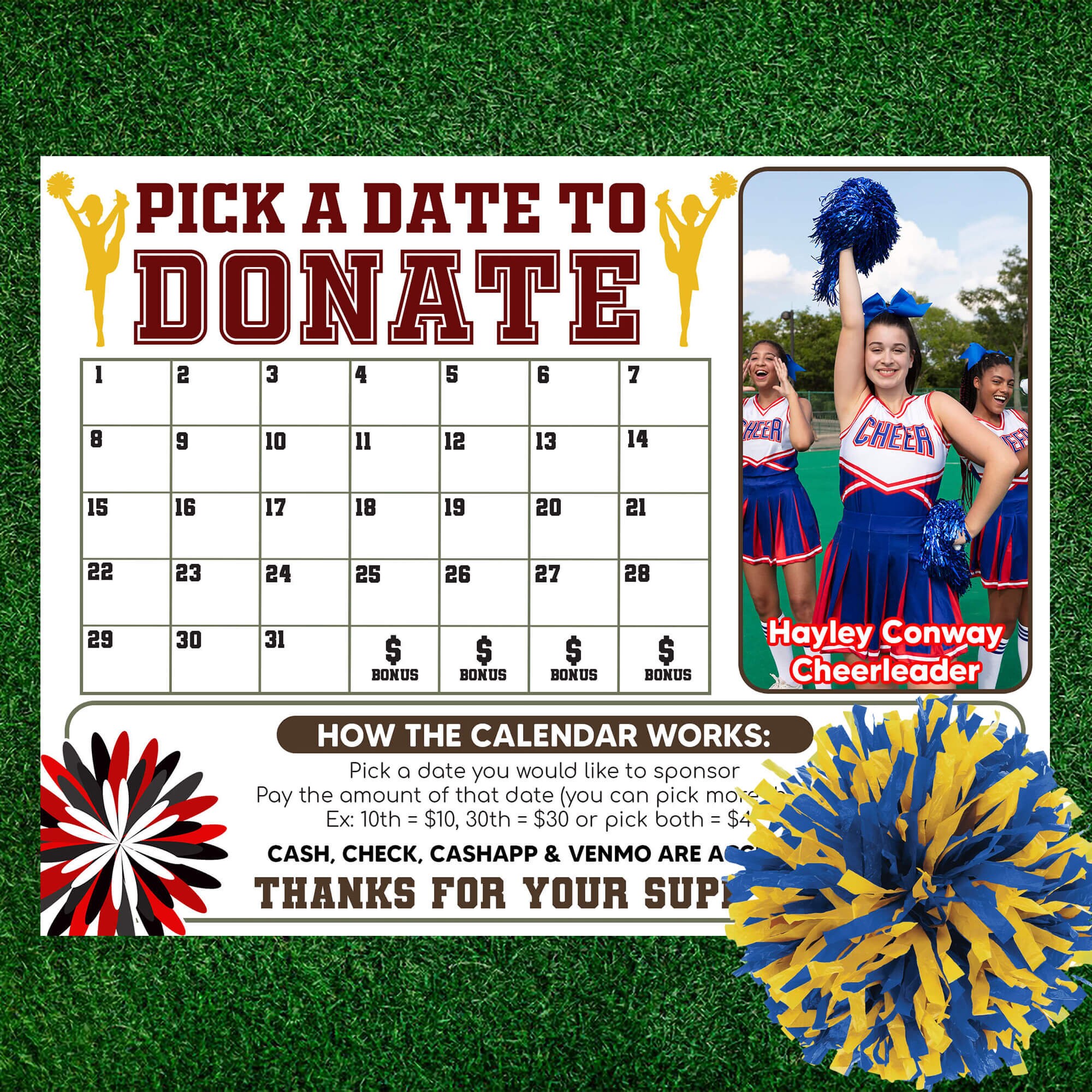 Editable Cheer Fundraiser Pick A Date to Donate Calendar, Cheerleading ...