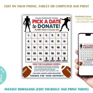 Editable Football Fundraiser Pick A Date to Donate Calendar, Rugby ...