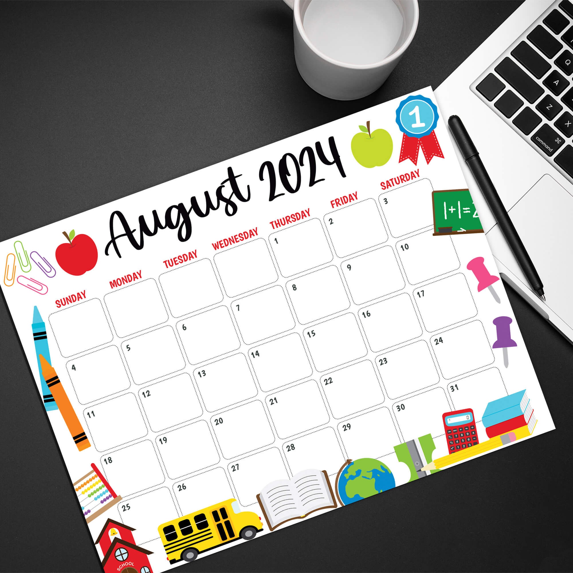 August 2024 Back to School Calendar, Printable Back to School Themed ...