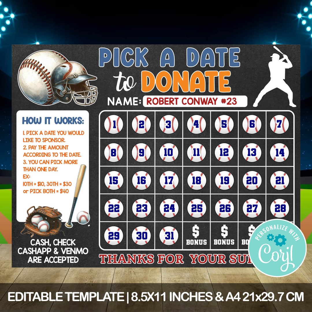 Editable Baseball Pick a Date to Donate Calendar Flyer, Pay the Date ...
