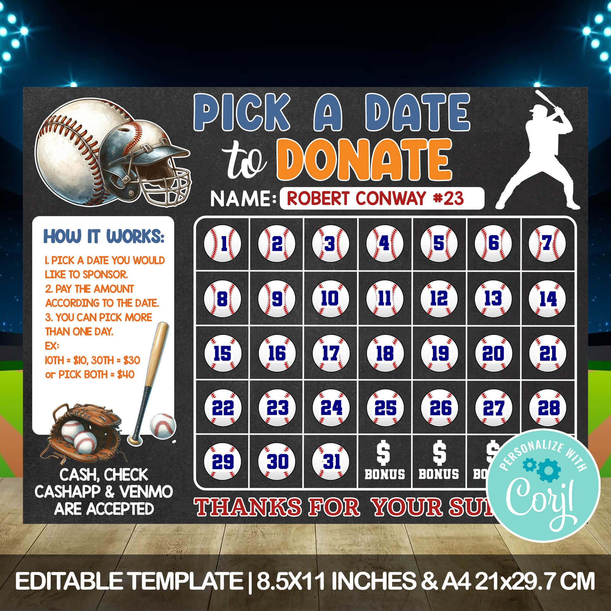 Editable Baseball Pick a Date to Donate Calendar Flyer, Pay the Date ...