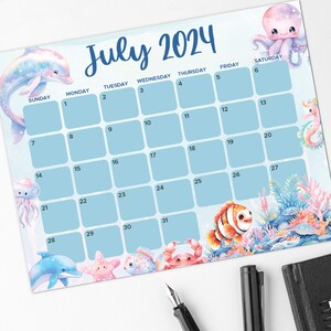July 2024 Under the Sea Summer Calendar, Printable Cute Underwater ...
