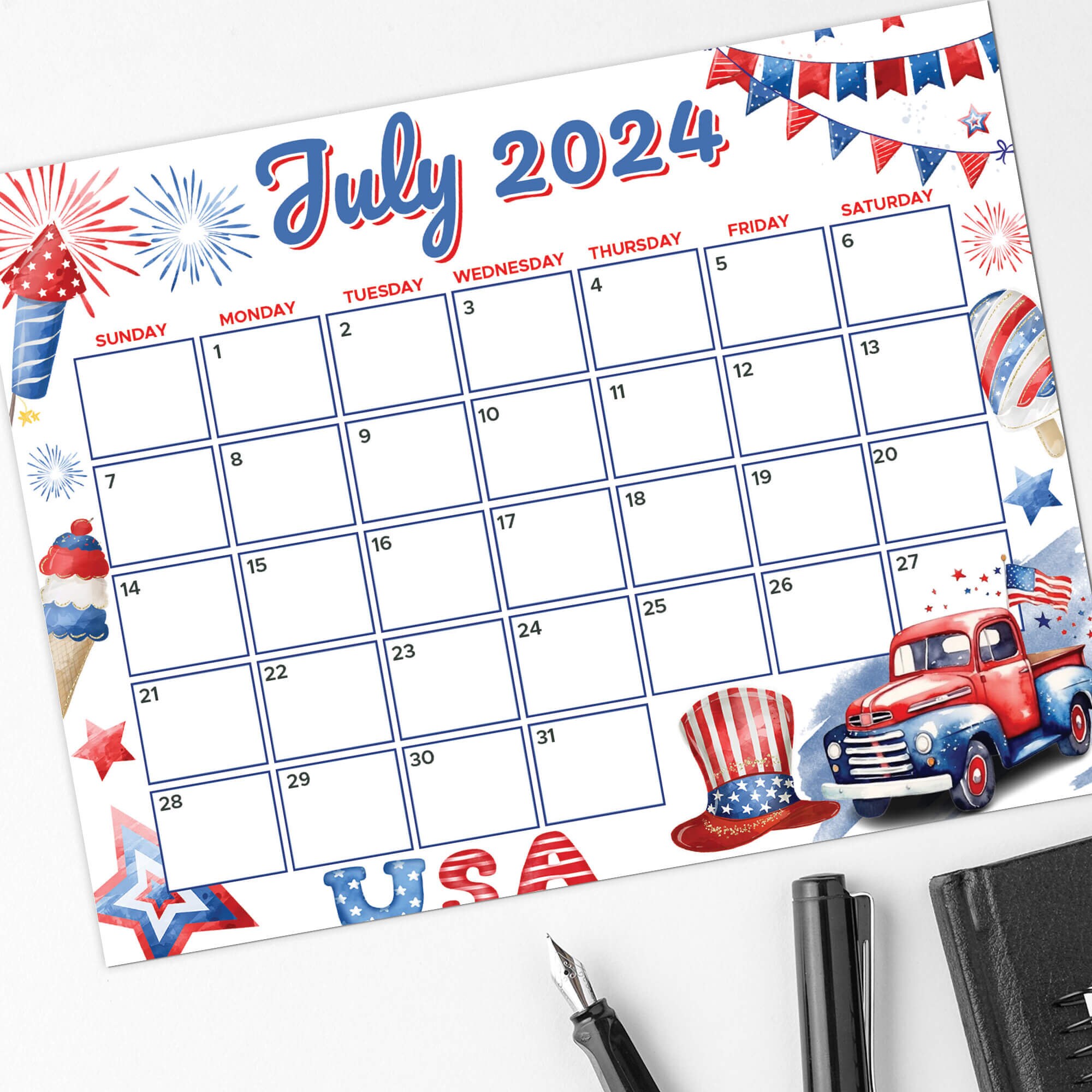 4th of July Day Calendar Planner, Printable July 2024 Calendar ...