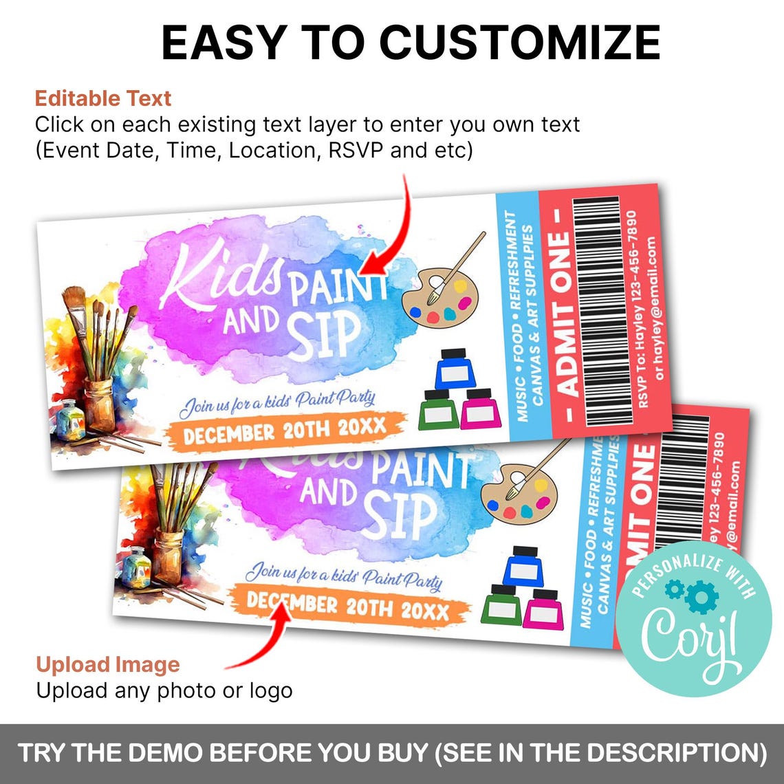 DIY Kids Paint and Sip Ticket | Editable Kids Paint Party Event Ticket ...