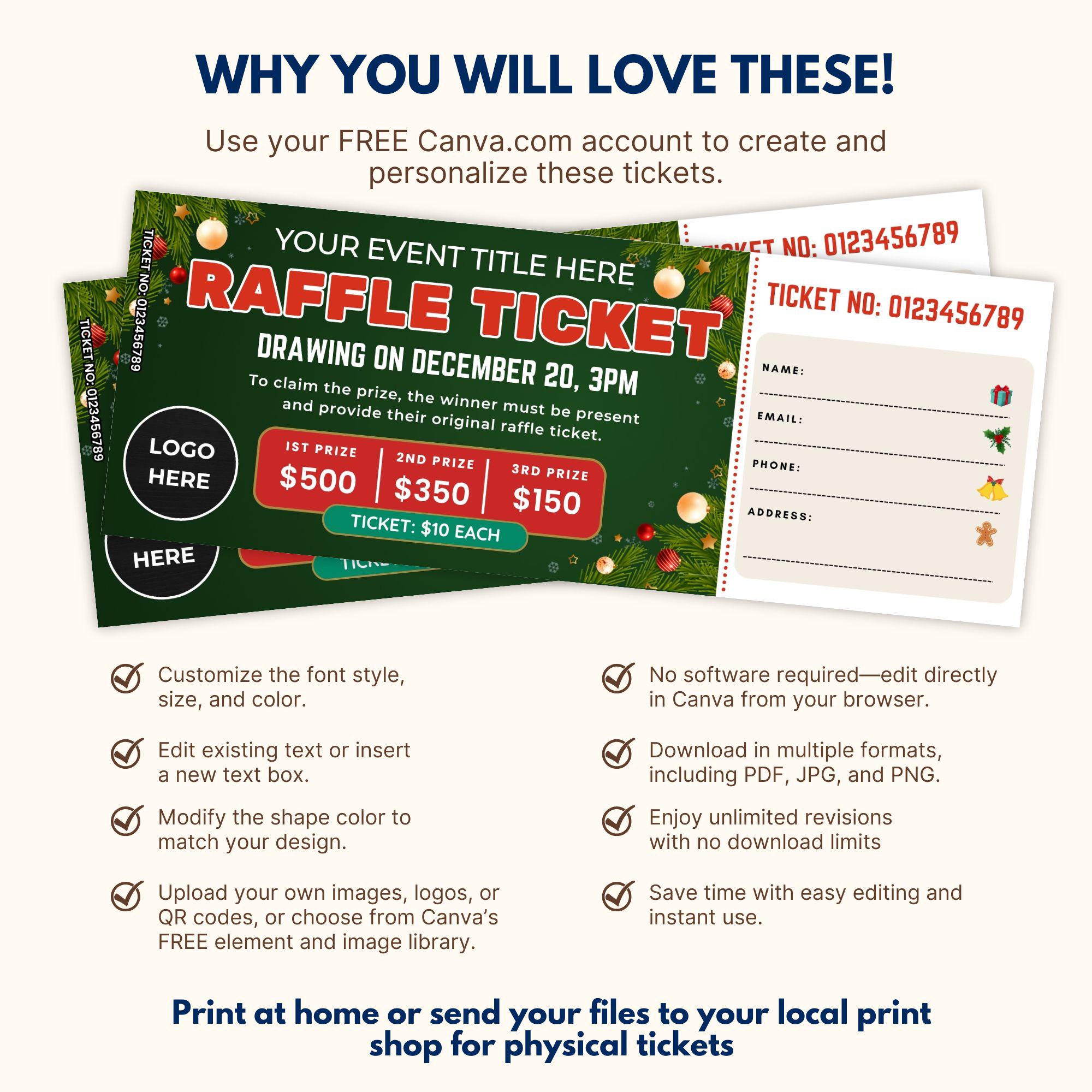 Editable Christmas Raffle Ticket Template: Xmas, Holiday and Fundraiser ...