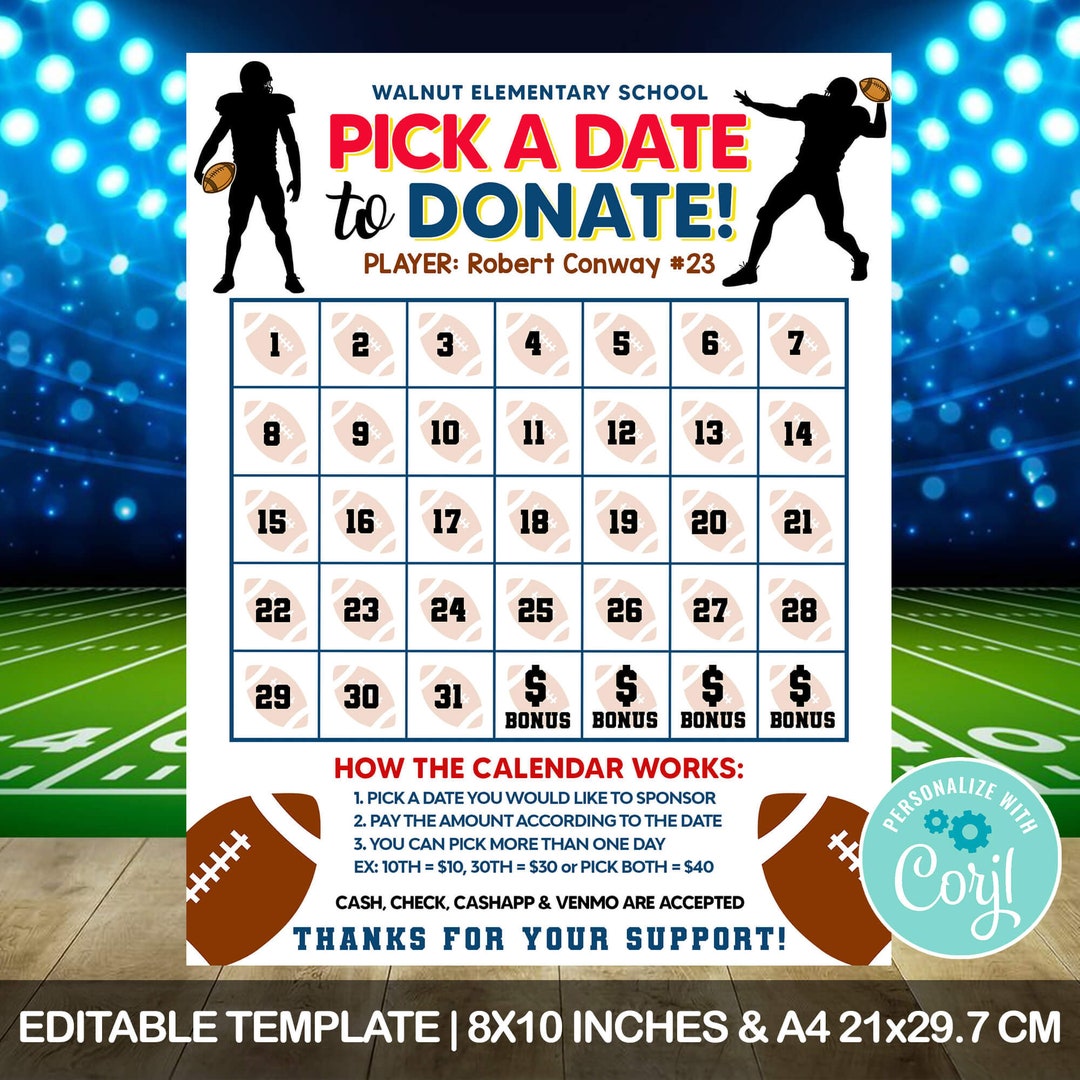 Editable Football Fundraiser Pick A Date to Donate Calendar, Rugby ...