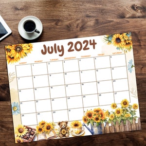 Printable Sunflower July 2024 Calendar, Cute Summer Sunflower Month of ...
