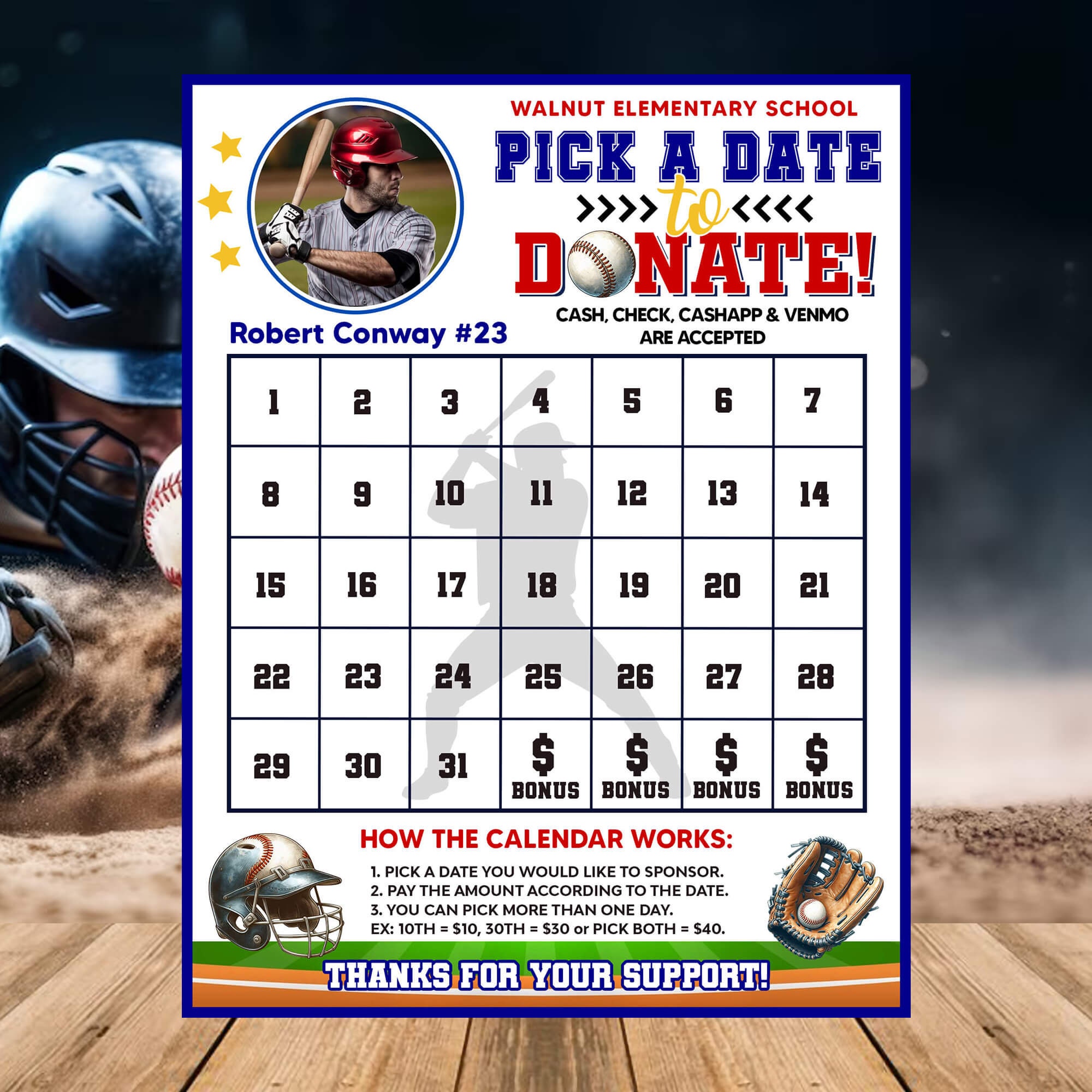 Editable Baseball Pick a Date to Donate, Sports Fundraising Calendar ...