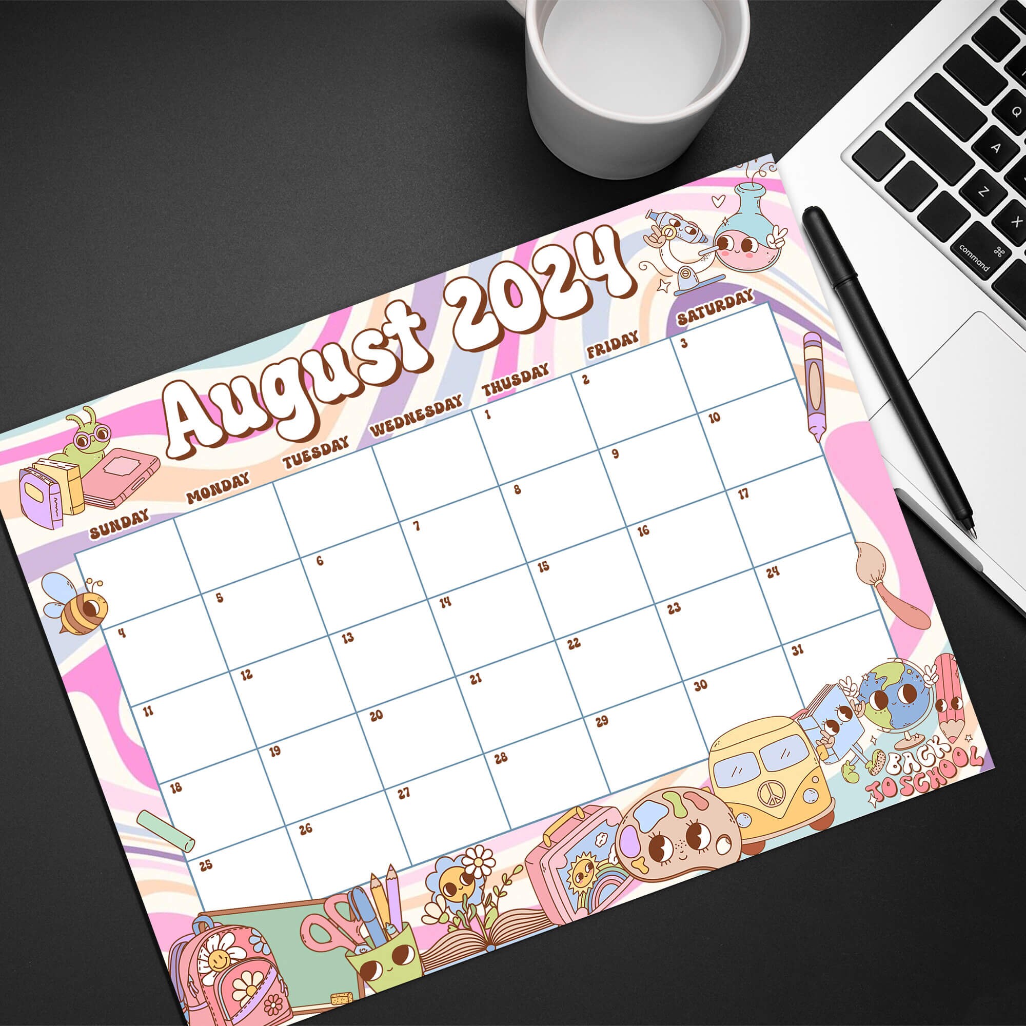 Printable Retro Vibe Back to School August 2024 Calendar, Classic ...