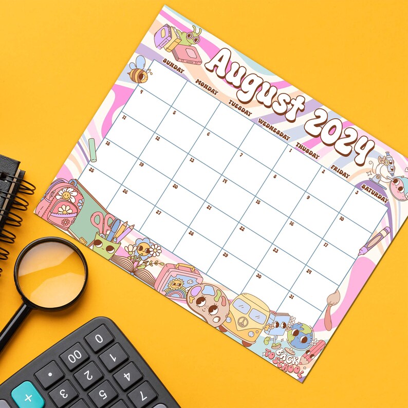 Printable Retro Vibe Back to School August 2024 Calendar, Classic ...