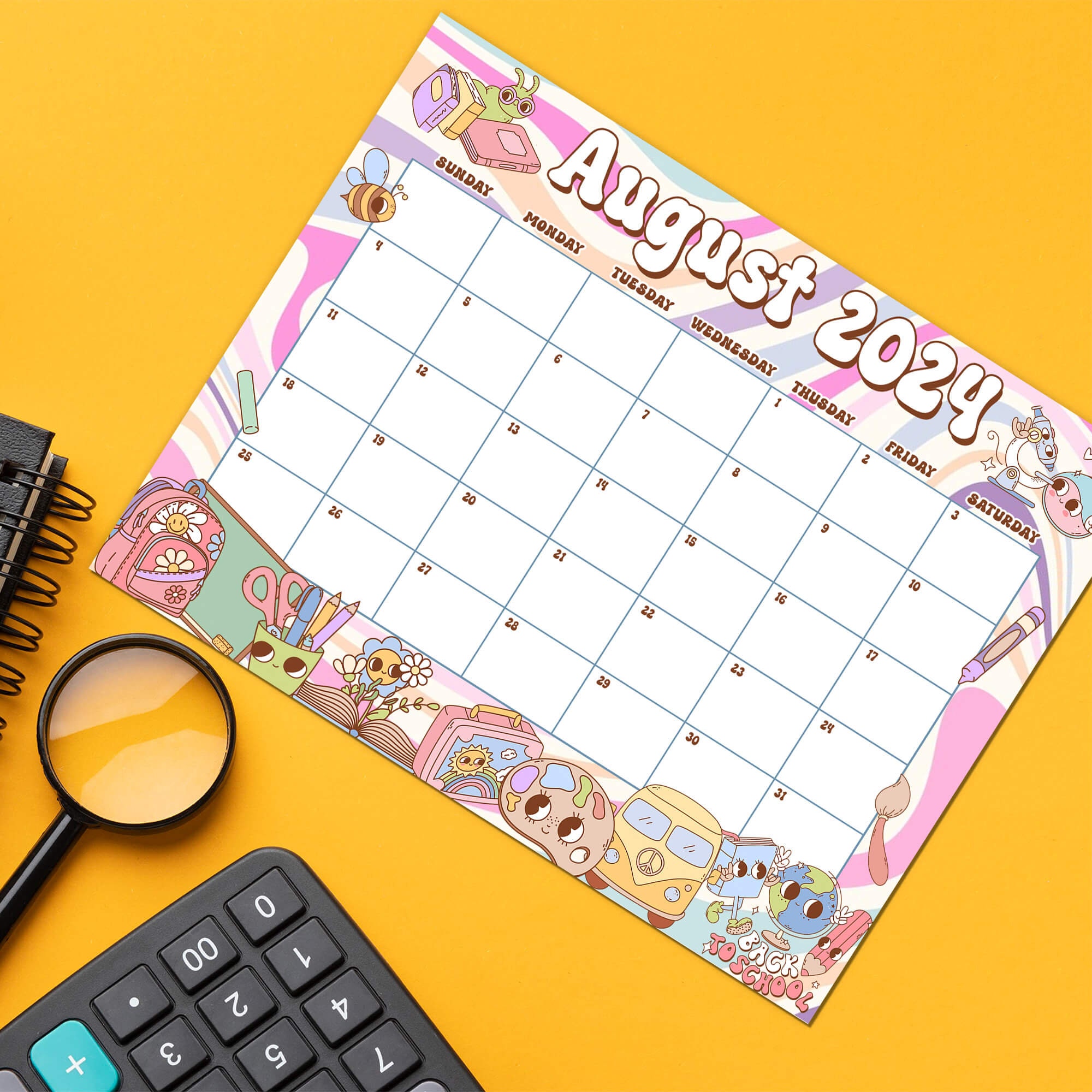 Printable Retro Vibe Back to School August 2024 Calendar, Classic ...