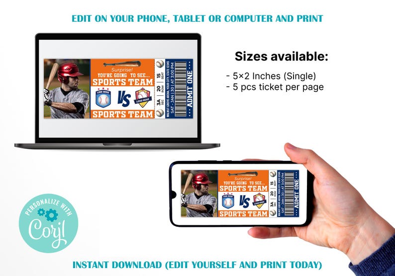 Editable Baseball Ticket Template | Sports Game Ticket | Surprise Gift ...
