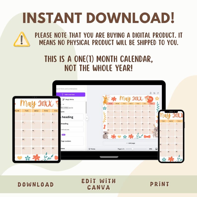 Boho Animals May Calendar Printable | Mother's Day Digital Planner ...