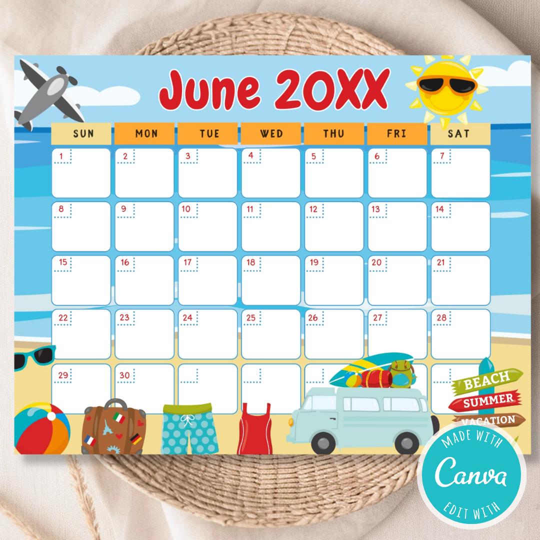 Editable June Calendar | Beach Vacation Digital Planner | Cute Summer ...