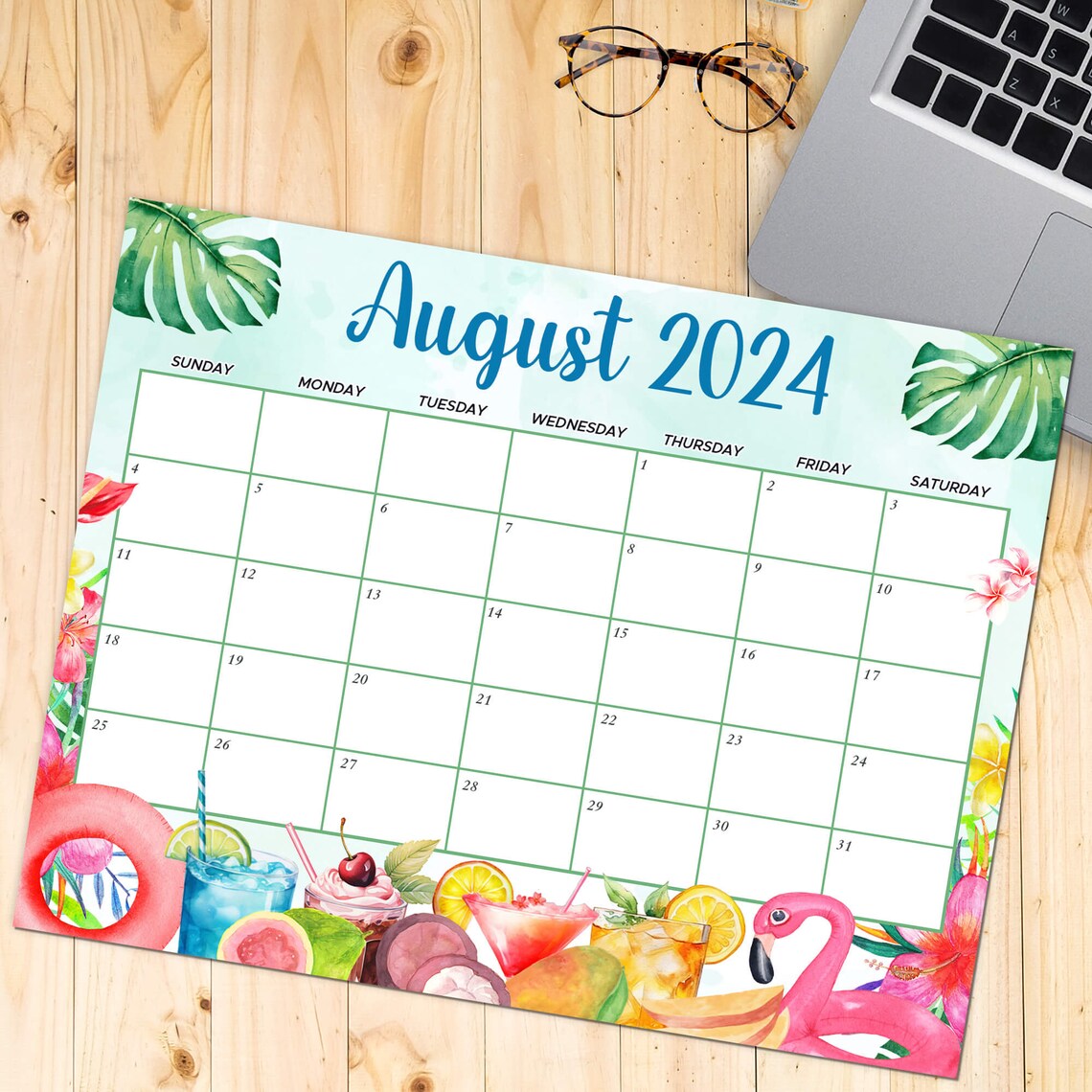PDF Island Getaway Themed August 2024 Calendar, Printable Tropical ...