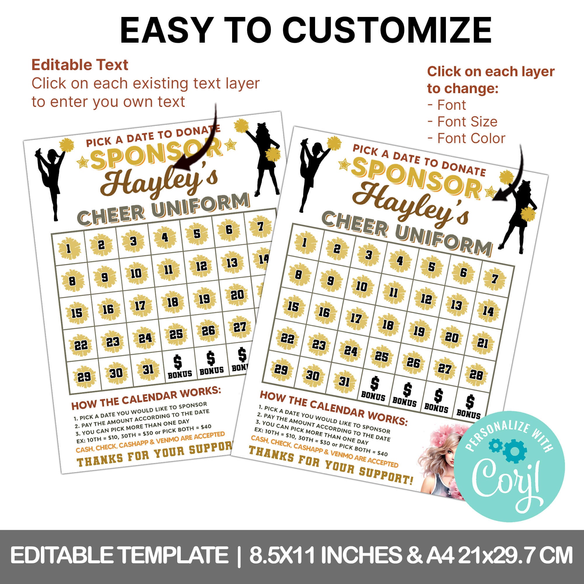 Editable Cheerleader Pick a Date to Donate, School Cheerleading ...