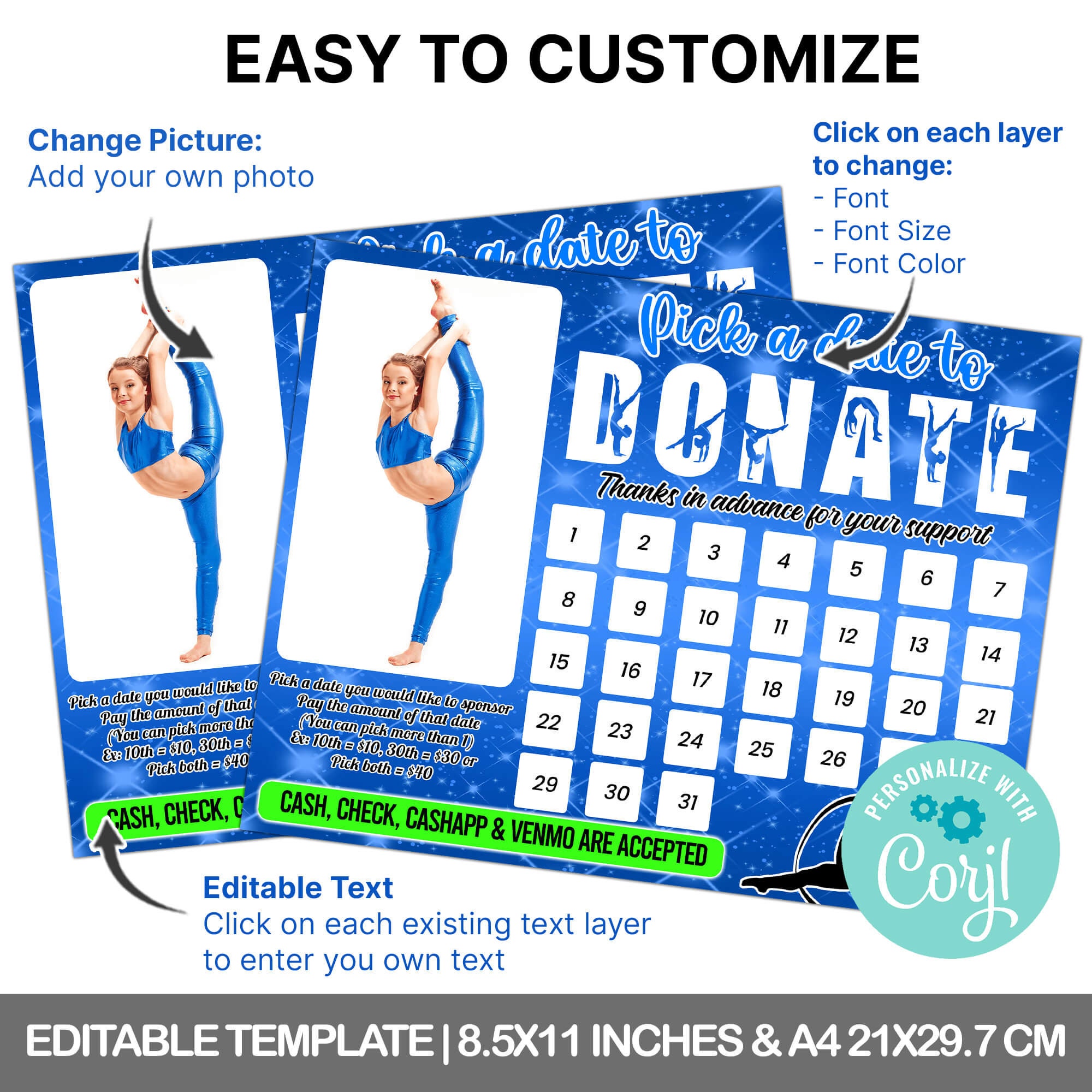 Editable Gymnastics Fundraising Calendar, Gymnast Pick a Date to Donate ...