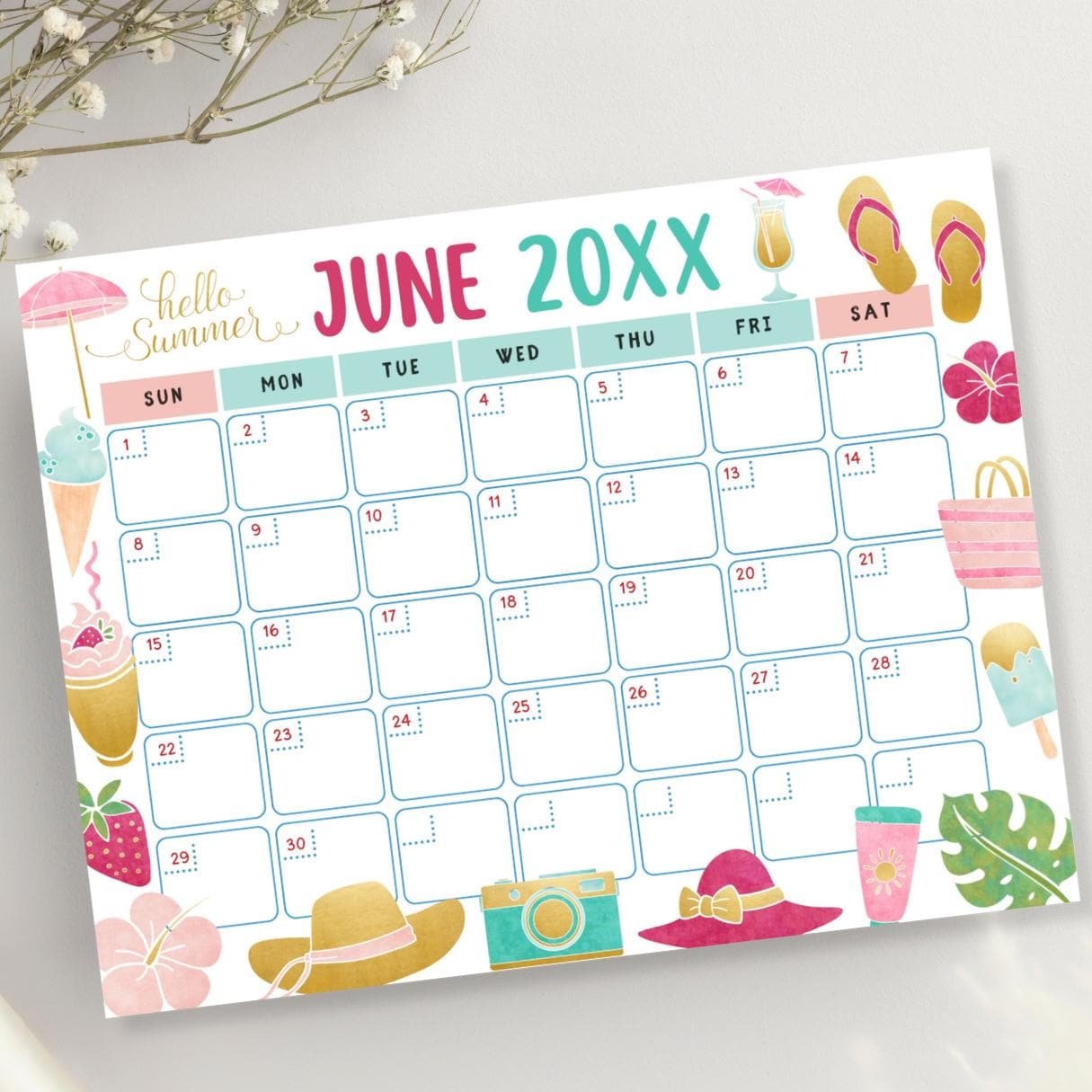 Summer June Calendar Printable | Hello Summer Digital Planner | Cute ...