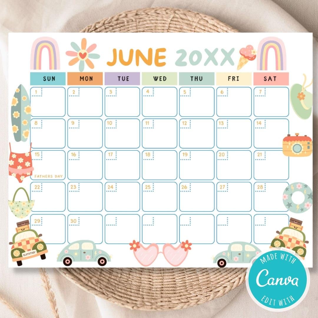 Editable Retro Summer June Calendar Template | Groovy Aesthetic ...
