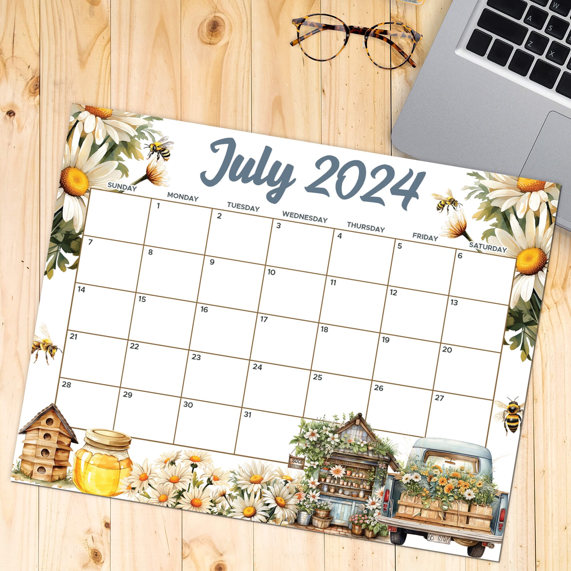 Printable Summer Daisies July 2024 Calendar, Cute Floral Month of July ...