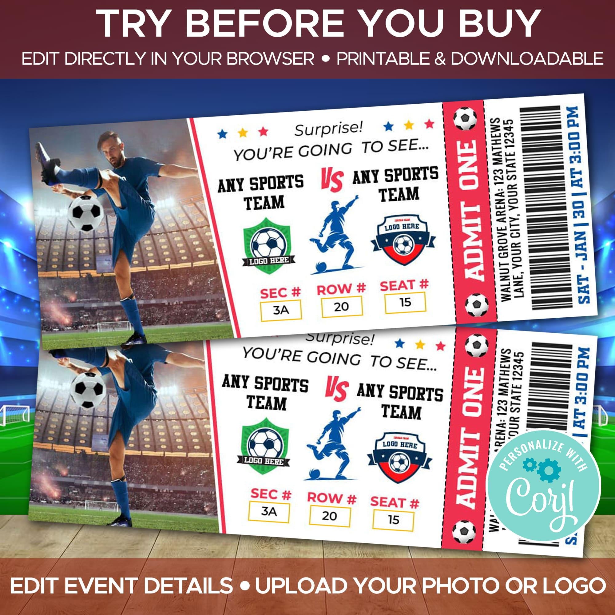 Editable Soccer Game Ticket Template | Printable Sports Game Ticket - Etsy